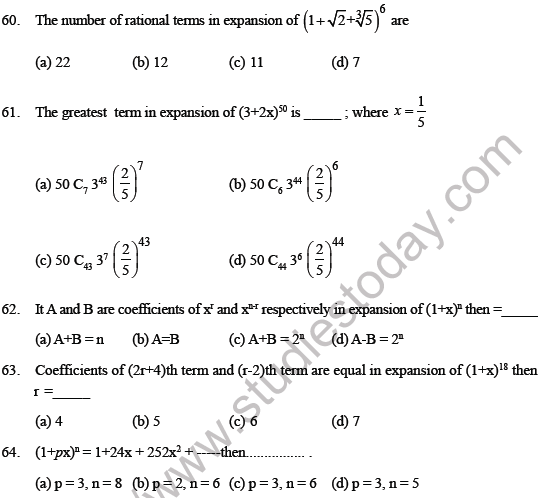 JEE Mathematics Binomial Theorem MCQs Set A with Answers